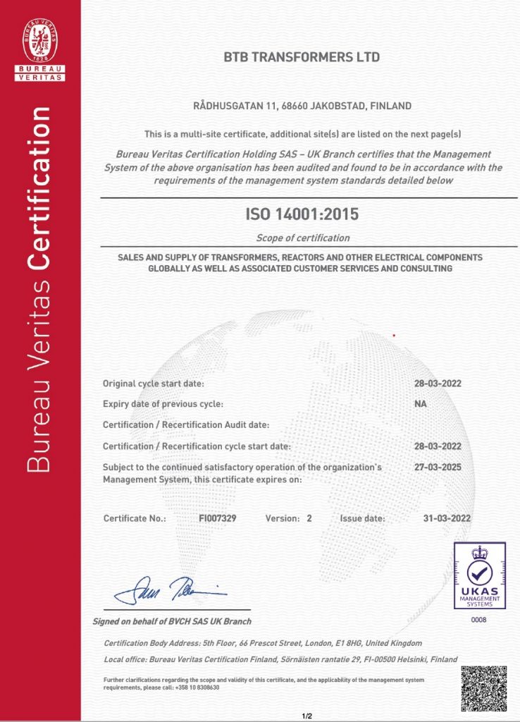 ISO certified management system | BTB Transformers